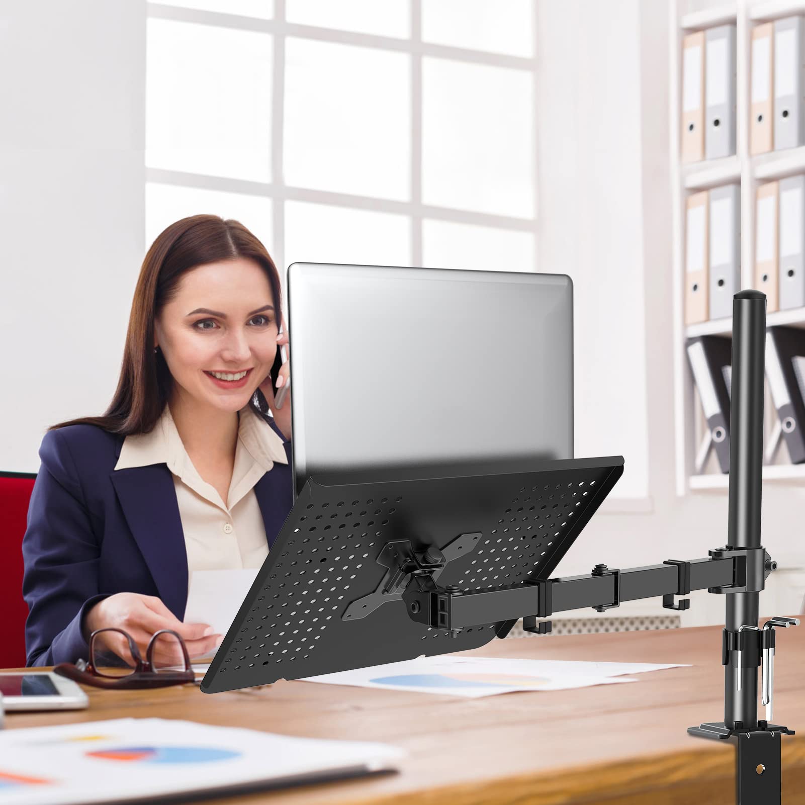 MOUNT PRO Single Laptop Mount with Tray for Laptop up to 17 inches, Holds Up to 17.6lbs, Fully Adjustable Notebook/Laptop Desk Mount Stand, Heavy Duty Laptop Arm Mount with Clamp and Grommet Base