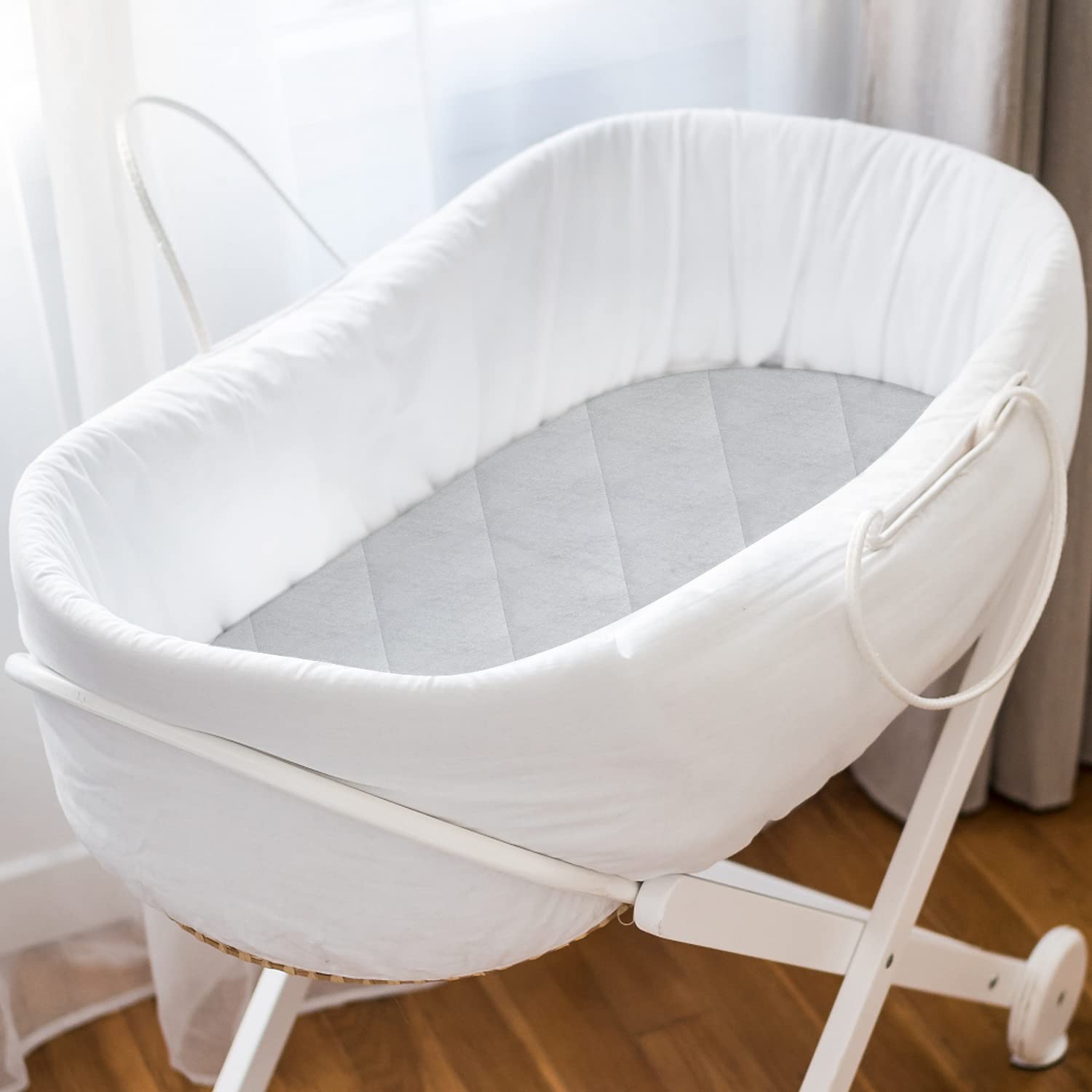 Bassinet Mattress Pad Cover, Compatible with Rectangle/Hourglass/Oval Bassinet Mattress, 2 Pack Waterproof and Soft Cotton Sheet, Breathable Bamboo Sleep Surface (Microfiber-GY)