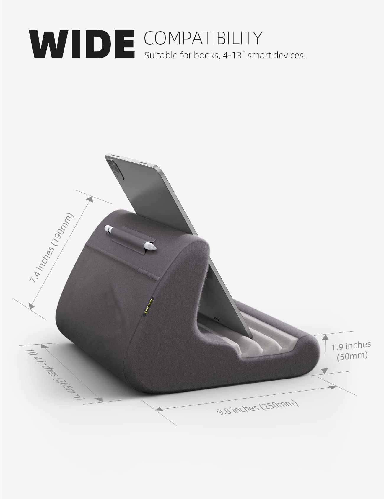 Lamicall Tablet Stand, Tablet Pillow Holder - Soft Pad for Bed, Lap Tablet Dock with Stylus Mount & Pocket, for iPad Pro 12.9, Air, Mini, Kindle, Galaxy Tab and 4-13" Tablet, Dark Grey