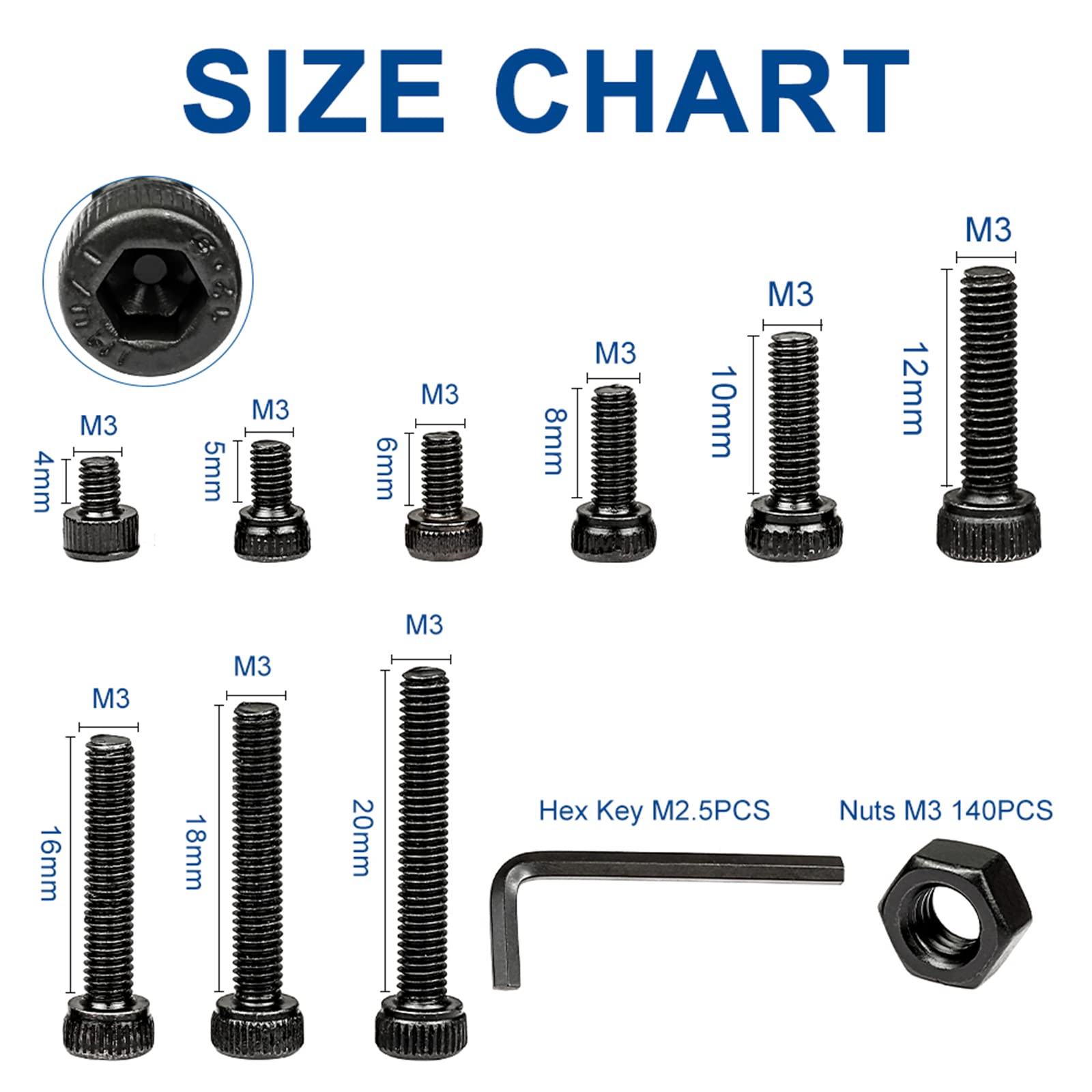 NINDEJIN M3 Small Metric Screws with Nuts, M3 Small Hex Socket Head Cap Screw, Carbon Steel Screw Bolts and Nuts Assortment Kit with Wrench Key, Replacement Machine Fastener Screws and Bolts Nuts