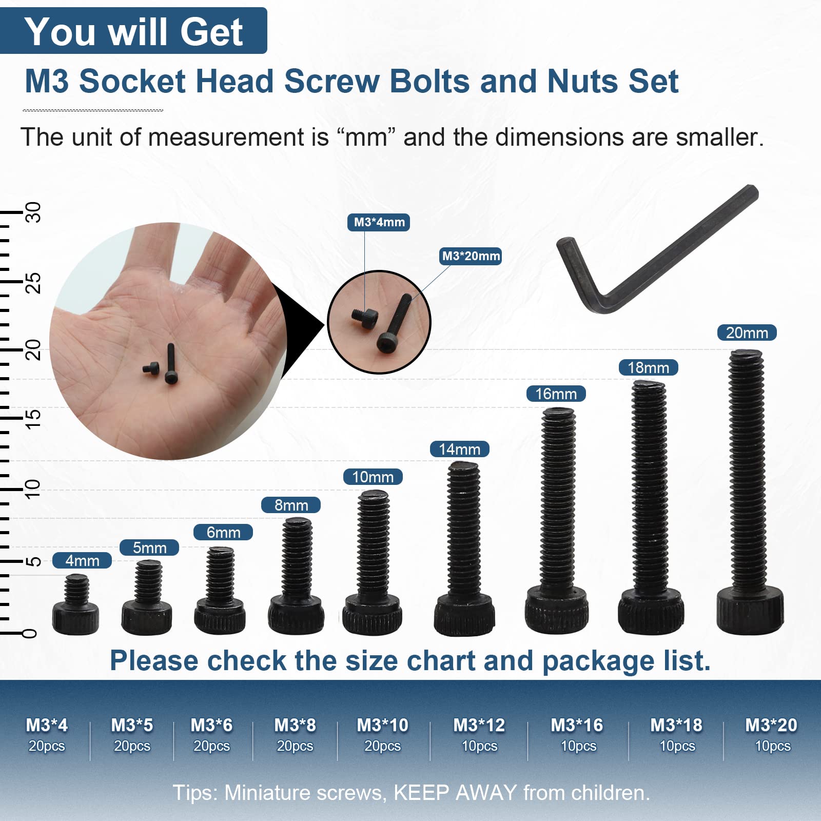 NINDEJIN M3 Small Metric Screws with Nuts, M3 Small Hex Socket Head Cap Screw, Carbon Steel Screw Bolts and Nuts Assortment Kit with Wrench Key, Replacement Machine Fastener Screws and Bolts Nuts