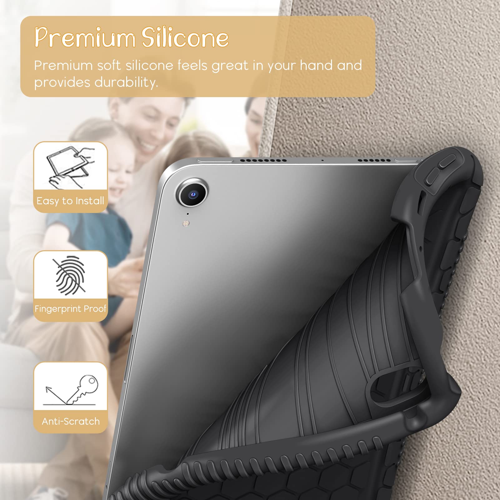 Fintie Silicone Case for iPad Mini 7 (A17 Pro, 7th Generation) 2024 / iPad Mini 6 (6th Gen) 8.3 Inch - [Honey Comb Series] Soft Lightweight Anti-Slip Shockproof Kids Friendly Cover, Black