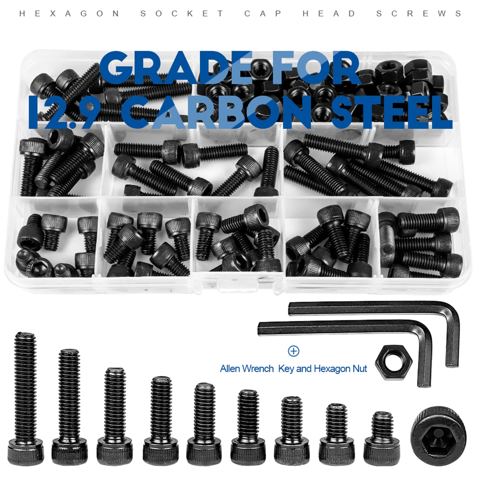 NINDEJIN M3 Small Metric Screws with Nuts, M3 Small Hex Socket Head Cap Screw, Carbon Steel Screw Bolts and Nuts Assortment Kit with Wrench Key, Replacement Machine Fastener Screws and Bolts Nuts