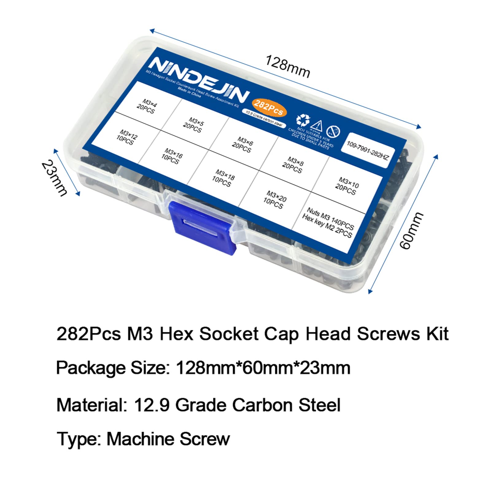 NINDEJIN M3 Small Metric Screws with Nuts, M3 Small Hex Socket Head Cap Screw, Carbon Steel Screw Bolts and Nuts Assortment Kit with Wrench Key, Replacement Machine Fastener Screws and Bolts Nuts
