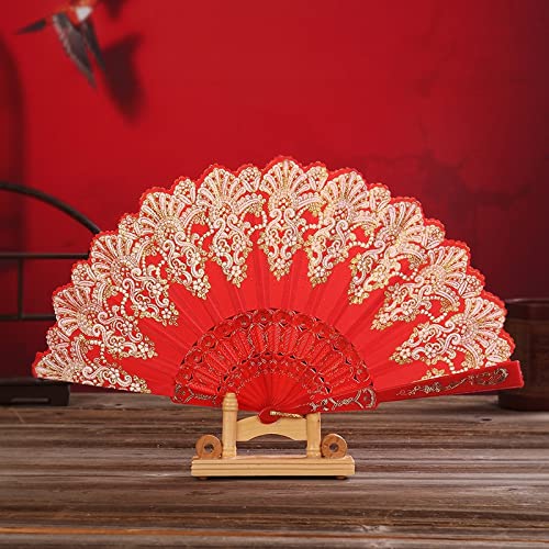 Decorative Folding Fans Luxury Fashion Folding Fan Flower Lace Silk Wedding Dance Party Stage Performance Decoration Fashion Hot Stamping Hand Held Fan Fan (Color : Red)