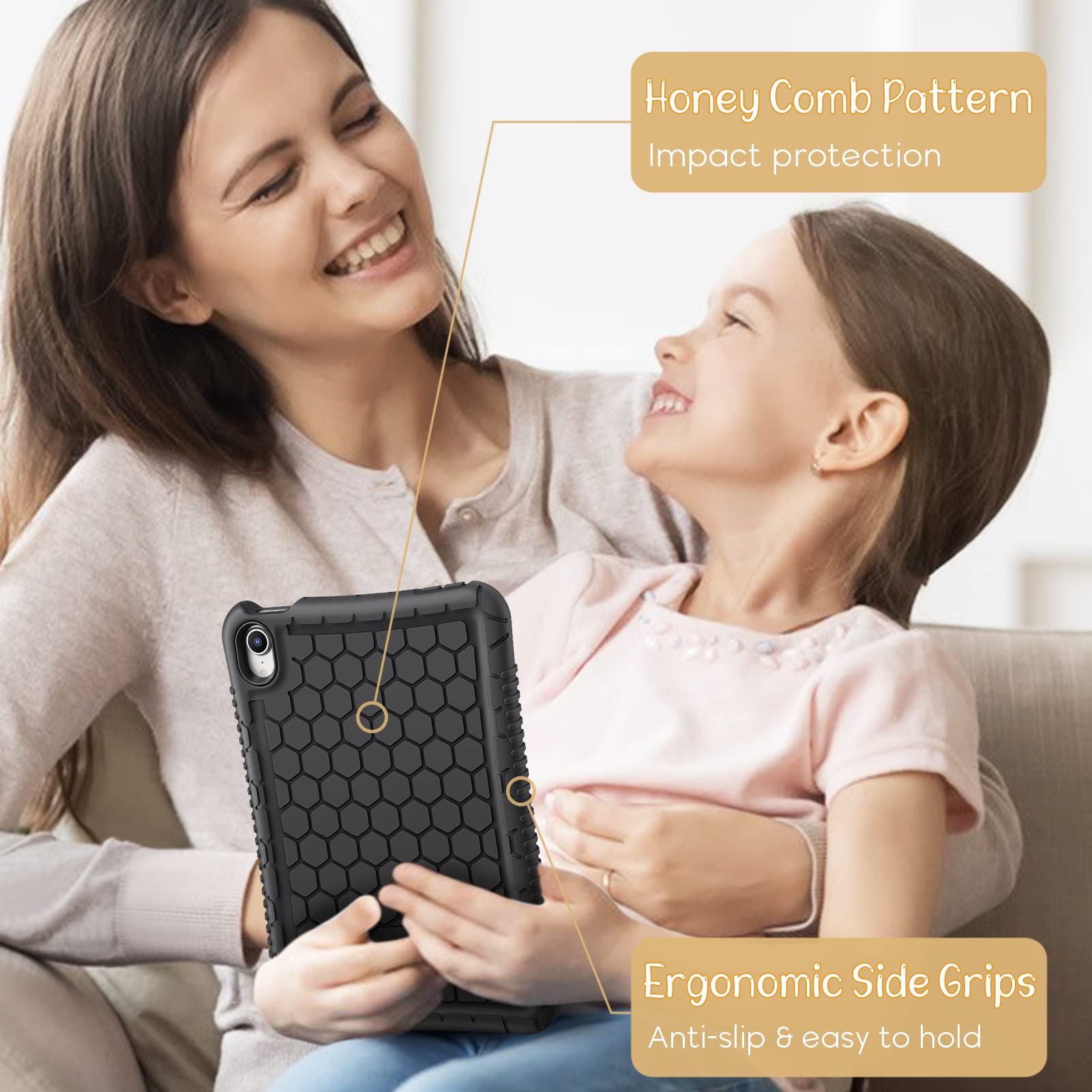 Fintie Silicone Case for iPad Mini 7 (A17 Pro, 7th Generation) 2024 / iPad Mini 6 (6th Gen) 8.3 Inch - [Honey Comb Series] Soft Lightweight Anti-Slip Shockproof Kids Friendly Cover, Black