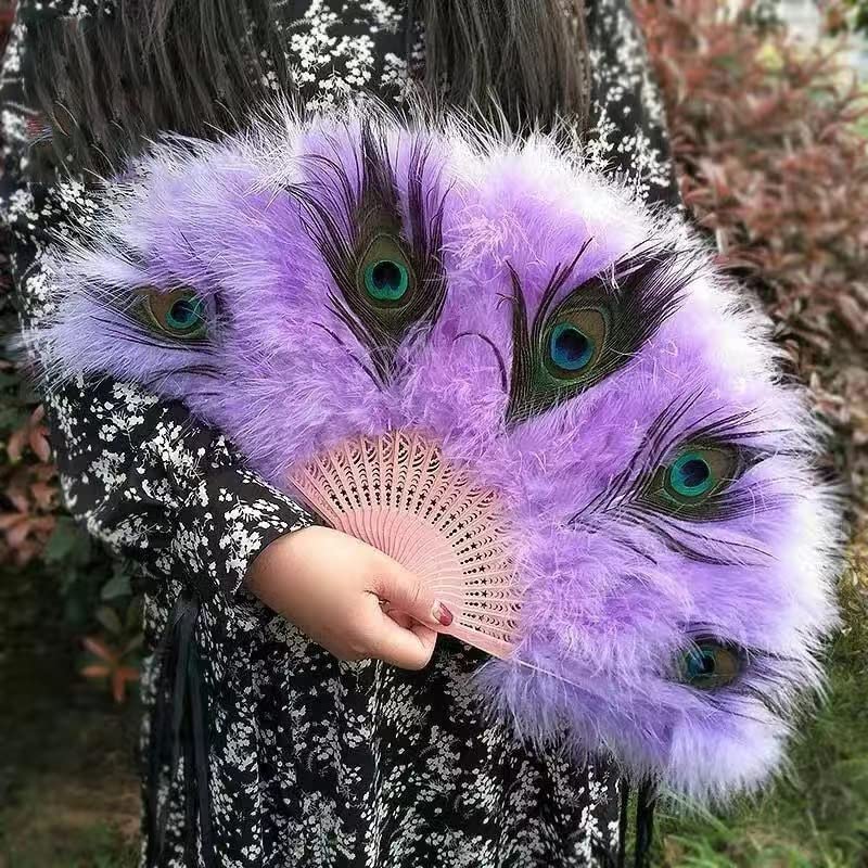 TOLUXY Peacock Feather Fan Cheongsam Show Live Performance Lolita Feather Folding Fan Gothic Dance Hand Fan Wedding Party Decoration (Color : Light Purple)