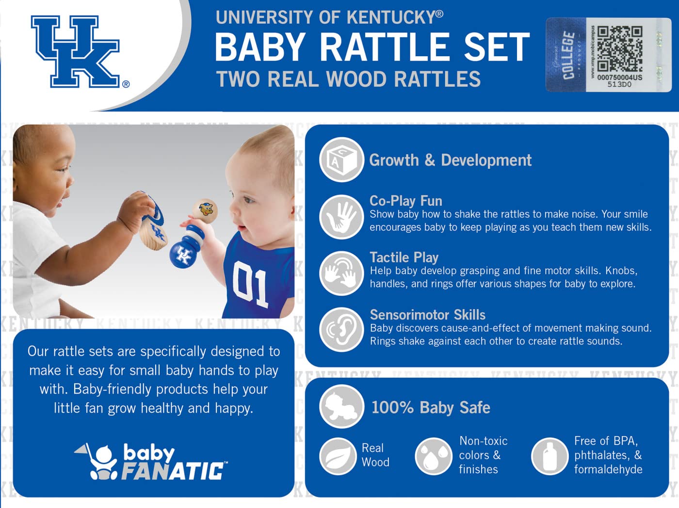 BabyFanatic Wood Rattle 2 Pack - NCAA Kentucky Wildcats - Officially Licensed Baby Toy Set