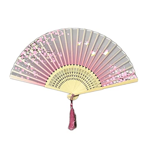 Decorative Folding Fans Silk Handheld Floral Folding Fans Hand Held Fans Floral Folded Fan with Tassel Chinese Vintage Style Handheld Fan Daily Use Gift Hand Fan Vintage style (Color : Light Pink)