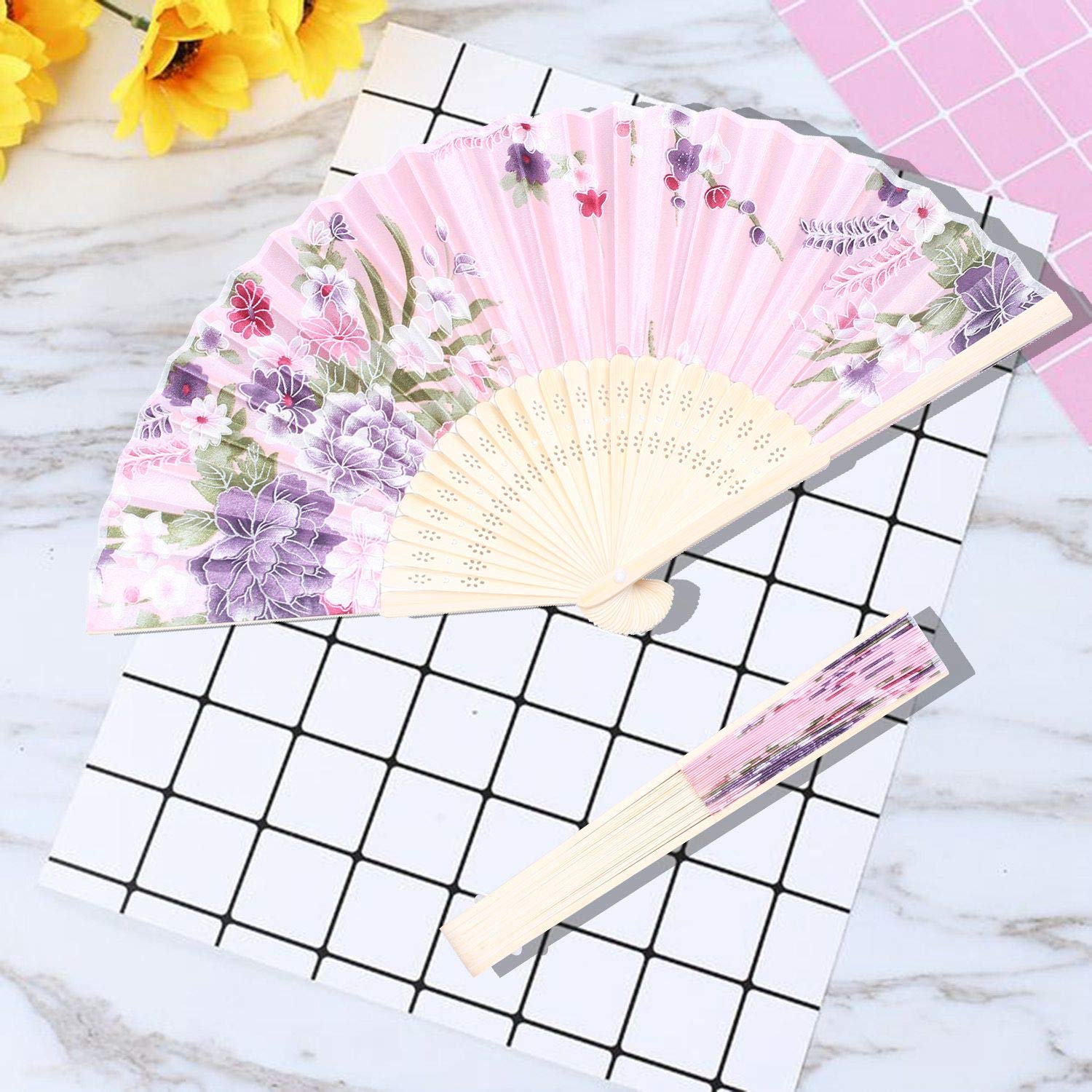RAZZUM Bamboo Frame Fabric Pattern Dance Wedding Foldable Handbag Pink fan