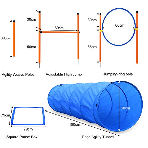 XiaZ Dog Agility Equipments, Obstacle Courses Training Starter Kit, Pet Outdoor Games for Backyard Includes Dog Tunnel, Jumping Ring, High Jumps, 4 Pcs Weave Poles, Pause Box with Carrying Case