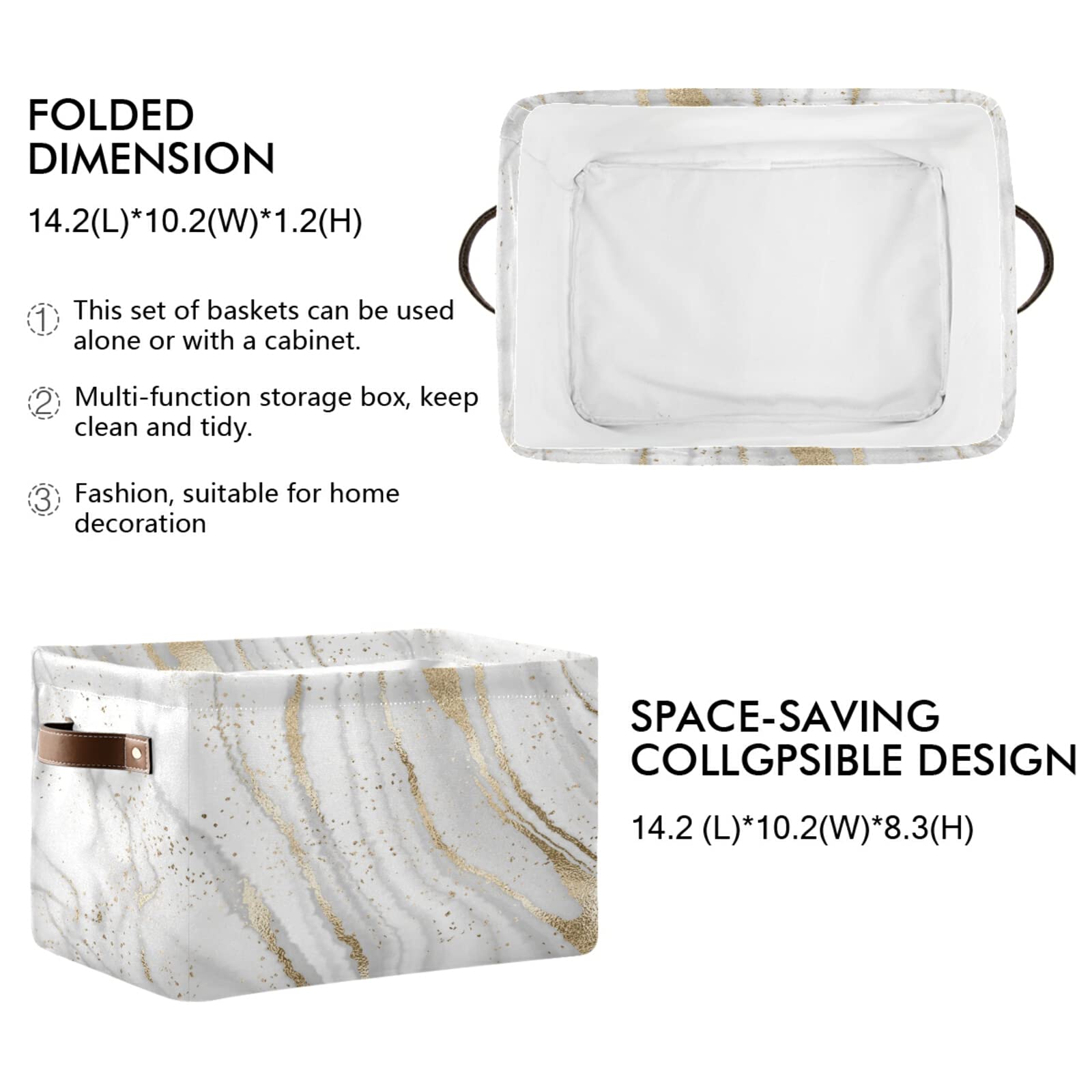 MNSRUU Storage Basket White Gold Marble Collapsible Organizer Basket with PU Handles, Waterproof Nursery Storage Bin，2 Pack