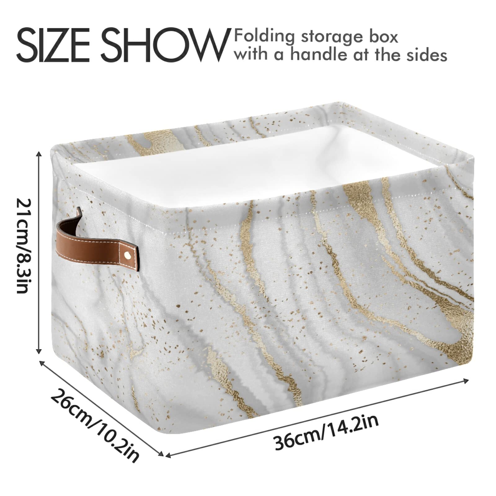 MNSRUU Storage Basket White Gold Marble Collapsible Organizer Basket with PU Handles, Waterproof Nursery Storage Bin，2 Pack