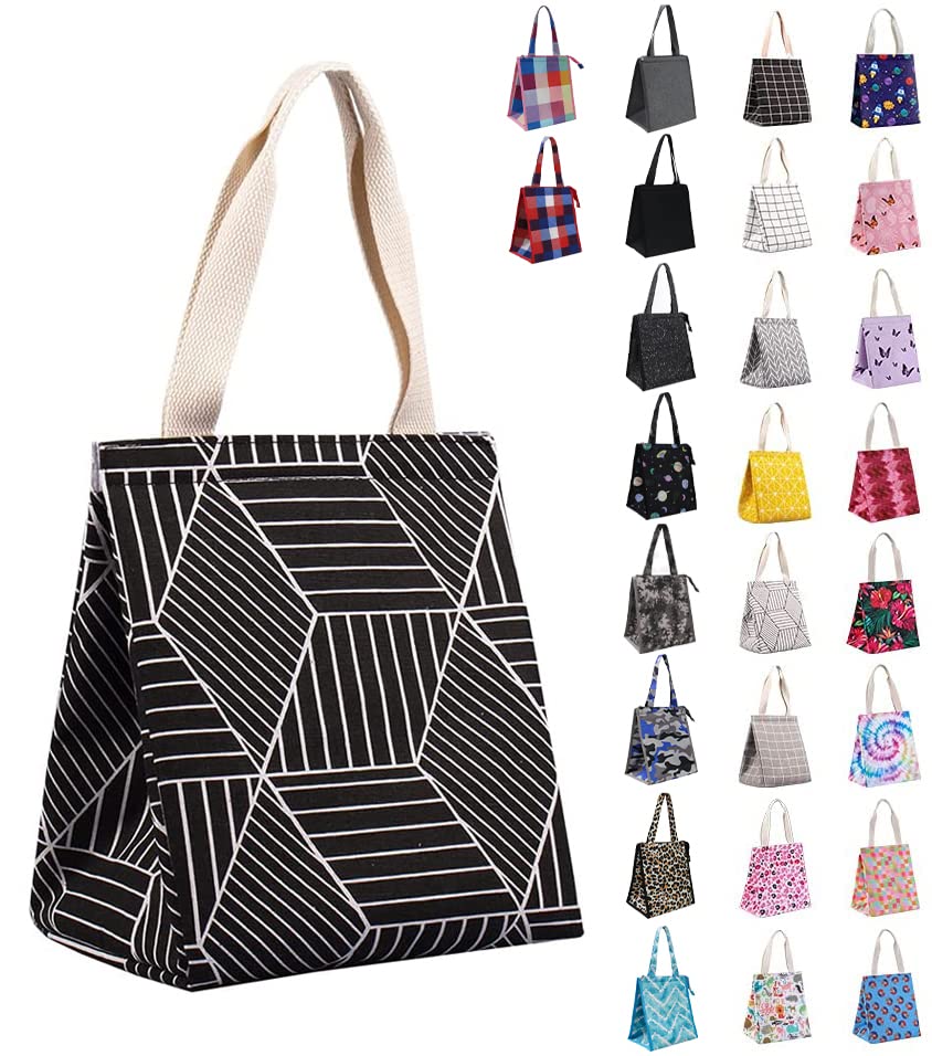 iknoe Insulated Lunch Bag for Women, Durable Wide-Open Foldable & Portable Lunch Tote with Interior Pockets, Water-Resistant Thermal Lunch Cooler for Adults Picnic Beach-Black Rhombus