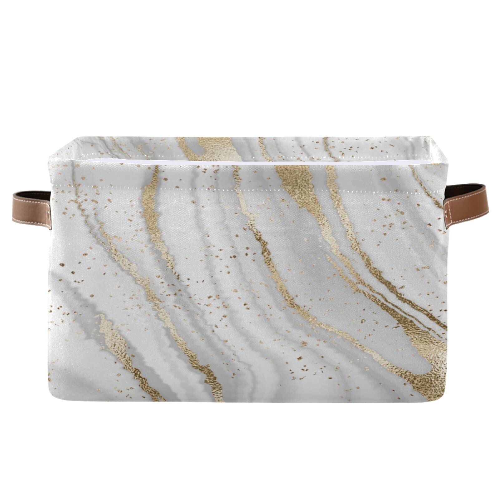 MNSRUU Storage Basket White Gold Marble Collapsible Organizer Basket with PU Handles, Waterproof Nursery Storage Bin,2 Pack