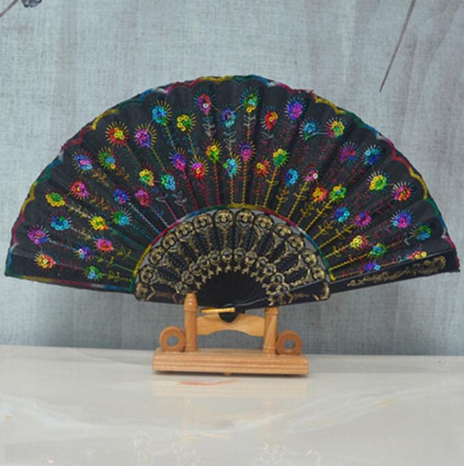 PHONME Folding Fan Hand Fan Peacock Pattern Folding Hand Fan Embroidered Sequins Party Wedding Prom Chinese Spain Hand Fan Folding Fan for Women Gifts. Vintage Style