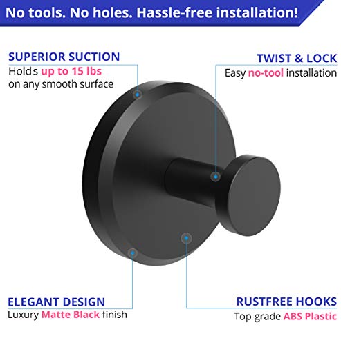 HOME SO Suction Cup Hooks for Shower, Bathroom, Kitchen, Glass Door, Mirror, Tile β Loofah, Towel, Coat, Bath Robe Hook Holder for Hanging up to 15 lbs β Waterproof, Dark, Matte Black (2-Pack)