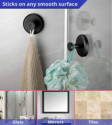 HOME SO Suction Cup Hooks for Shower, Bathroom, Kitchen, Glass Door, Mirror, Tile β Loofah, Towel, Coat, Bath Robe Hook Holder for Hanging up to 15 lbs β Waterproof, Dark, Matte Black (2-Pack)