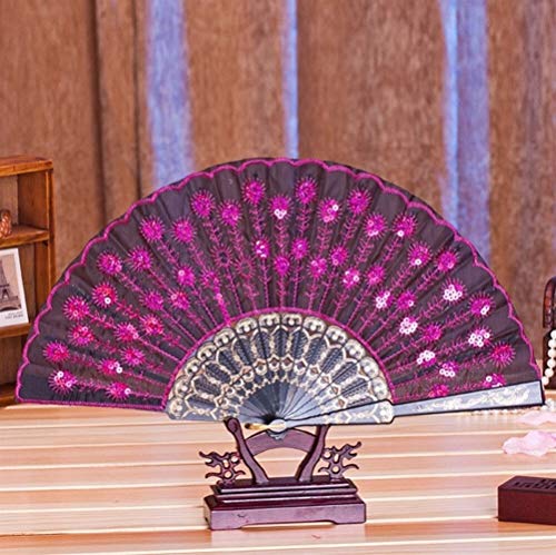 RAZZUM Decorative Folding Fans Peacock Pattern Folding Hand Held Fan Embroidered Sequin Party Wedding Prom Chinese Spain Hand Fan Folding Gift Hand Fan Fan (Size : Khaki)