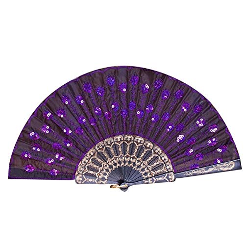 RAZZUM Decorative Folding Fans Peacock Pattern Folding Hand Held Fan Embroidered Sequin Party Wedding Prom Chinese Spain Hand Fan Folding Gift Hand Fan Fan (Size : Khaki)