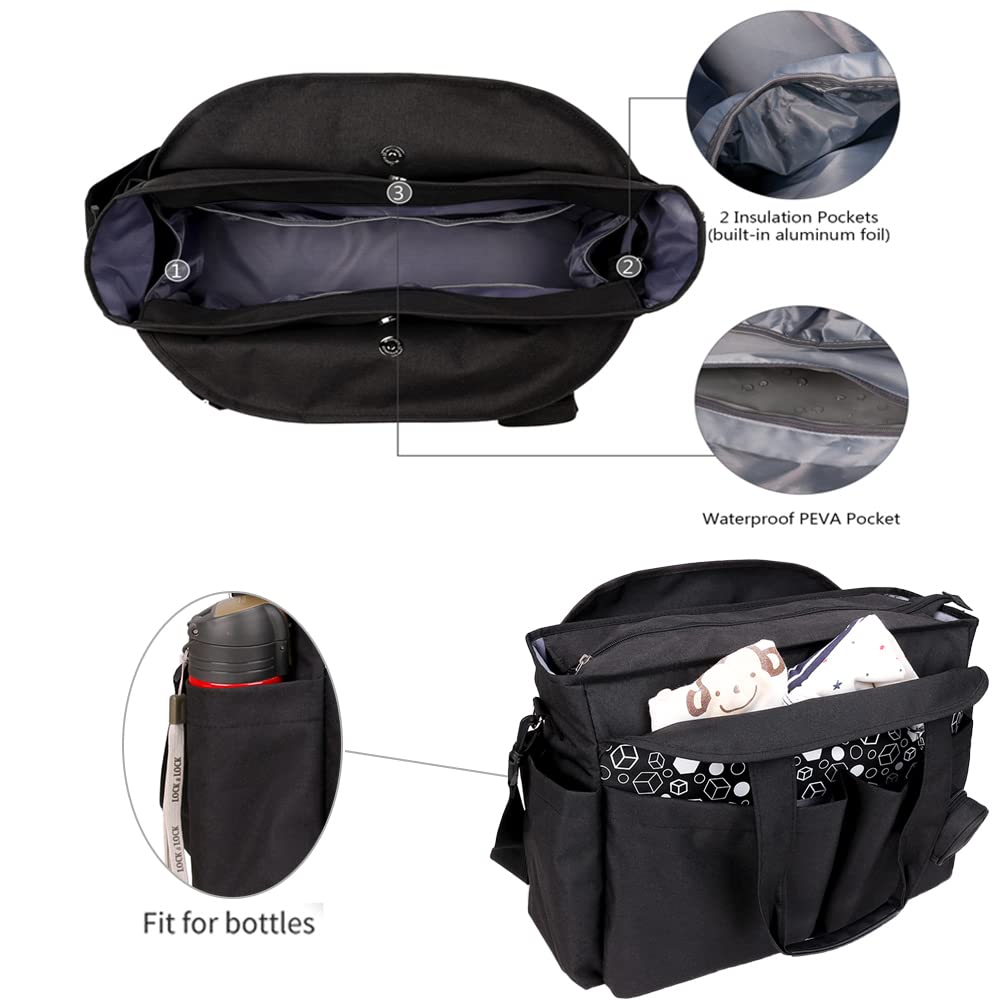 Diaper Bag Tote with Pacifier Case&Changing Station Upgrade Multi-Function Messenger Weekender Bag Baby Bag with Adjustable Shoulder Strap Insulated Pockets (N Black)