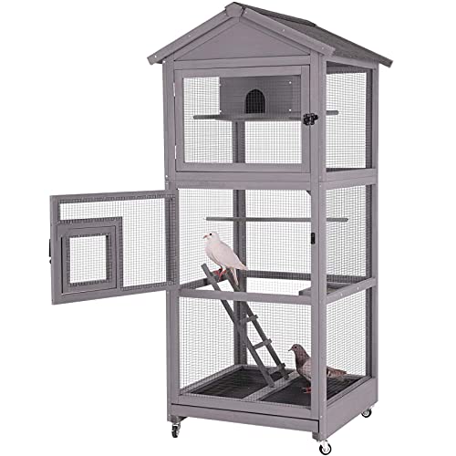 Aivituvin Outdoor Bird Cage Large Wooden Bird Aviary with Perch for Parakeet,Macaw and Any Small Birds,Wire Netting Above The Tray,Prevent Escape