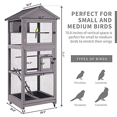 Aivituvin Outdoor Bird Cage Large Wooden Bird Aviary with Perch for Parakeet,Macaw and Any Small Birds,Wire Netting Above The Tray,Prevent Escape