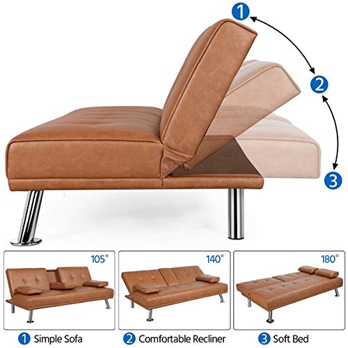 Cyanhope Futon Sofa Bed Convertible Love Seat Faux Leather Sleeper with Folding Down Cup-Holders and Removable Arms, Brown