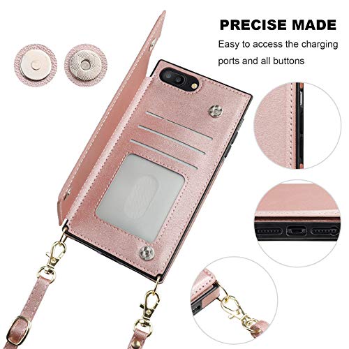 Bocasal Crossbody Wallet Case for iPhone 7 Plus/8 Plus Credit Card Holder PU Leather Kickstand Shockproof Detachable Cross Body Strap Lanyard Magnetic Closure 5.5 inch(Rose Gold)