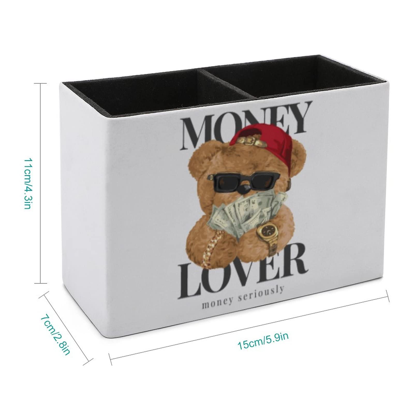 Niapessel Pencil Holder for Desk, Money Lover Slogan with Bear Pen Holder Storage Desktop Pen Organizer Desk Pencil Organizer Makeup Brush Holder for Office School College Leather