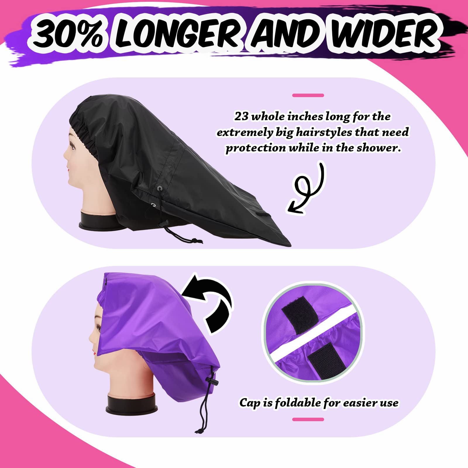 SATINIOR Braid Shower Cap Large Jumbo Shower Cap for Braid Adjustable and Foldable with Drying Loop Extra Big for Long Curly Hair Braids