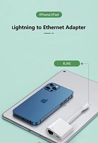 Apple MFI Certified Lightning to Ethernet Adapter for iPhone,2 in 1 LAN Ethernet Network to Lightning Adapter for iPhone 14/13/Pro Max/12/11/XS/XR/X/8/7/6/5 iPad 100Mbps Cat 8 7 6