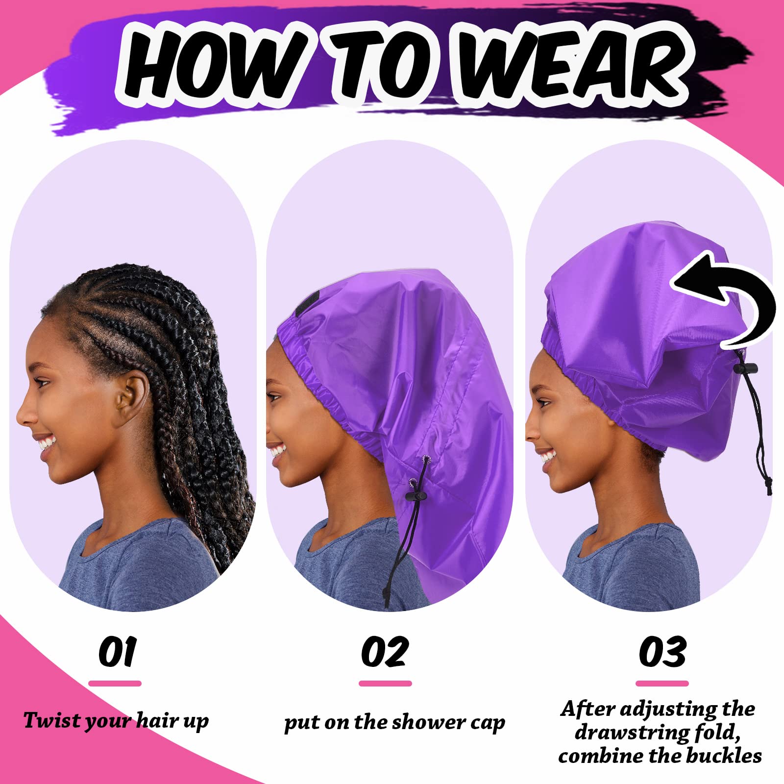 SATINIOR Braid Shower Cap Large Jumbo Shower Cap for Braid Adjustable and Foldable with Drying Loop Extra Big for Long Curly Hair Braids