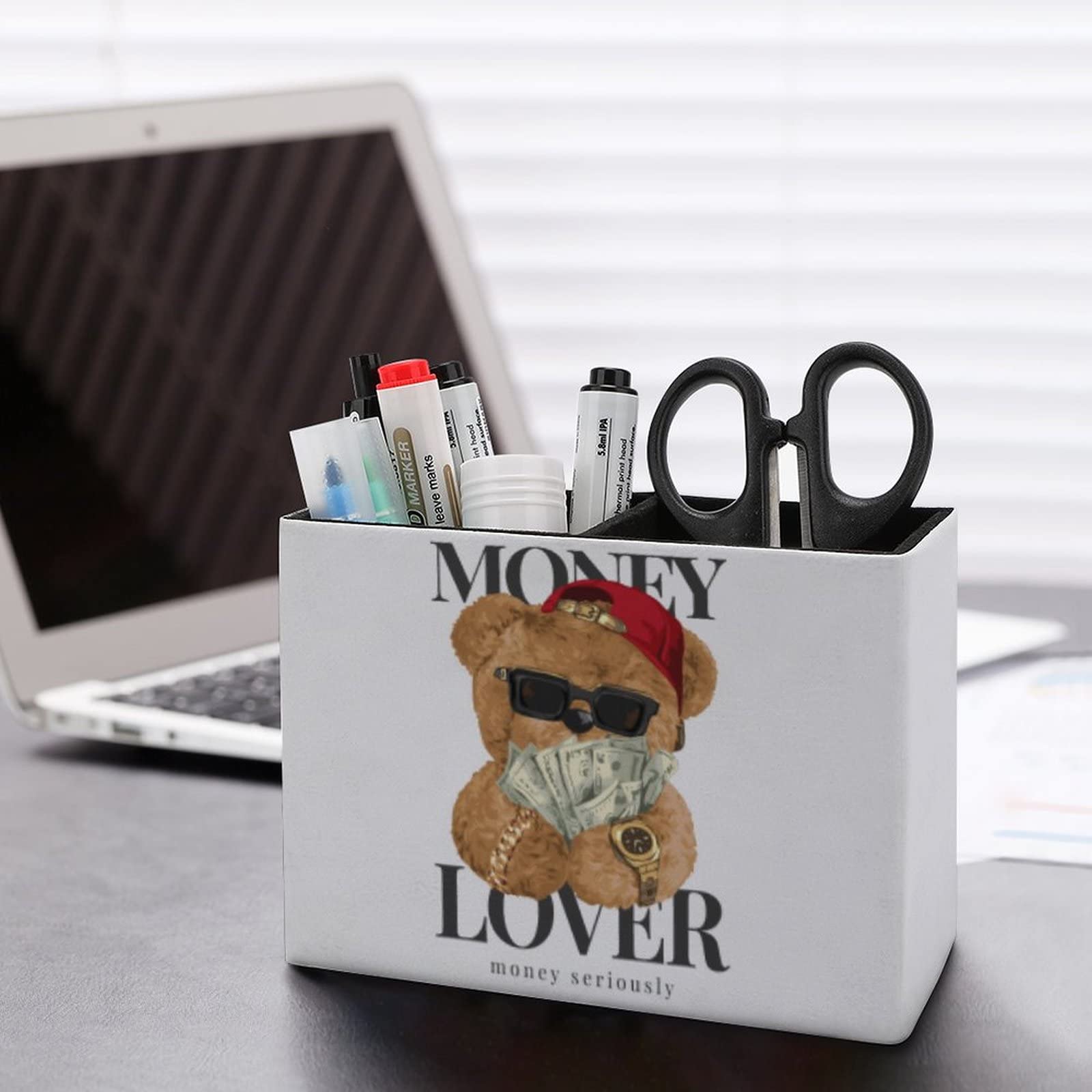 Niapessel Pencil Holder for Desk, Money Lover Slogan with Bear Pen Holder Storage Desktop Pen Organizer Desk Pencil Organizer Makeup Brush Holder for Office School College Leather