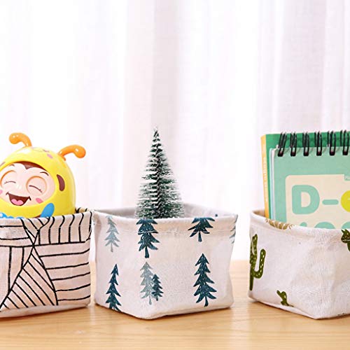 Lekgymr Durable Small Storage Baskets, 2pcs Cute Pattern Cotton Linen Fabric Mini Storage Bin Foldable Desktop Drawer Organizer Box for Home and Office