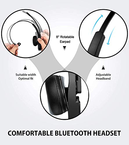 Trucker Bluetooth Headset, V5.0 Noise Cancelling Wireless Headset with Microphone, On Ear Hands-Free Bluetooth Headphone for iPhone Samsung Cell Phone Call Center Home Office Skype