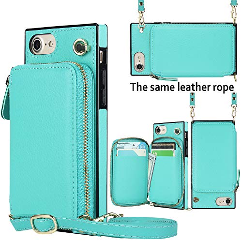DEFBSC Zipper Wallet iPhone 8 Case, iPhone 7 Case, iPhone SE 2020/ SE 2022 Case, PU Square Wallet Case with Crossbody Chain Credit Card Holder Slot Shoulder Handbag Purse Wrist Strap Case(Green)