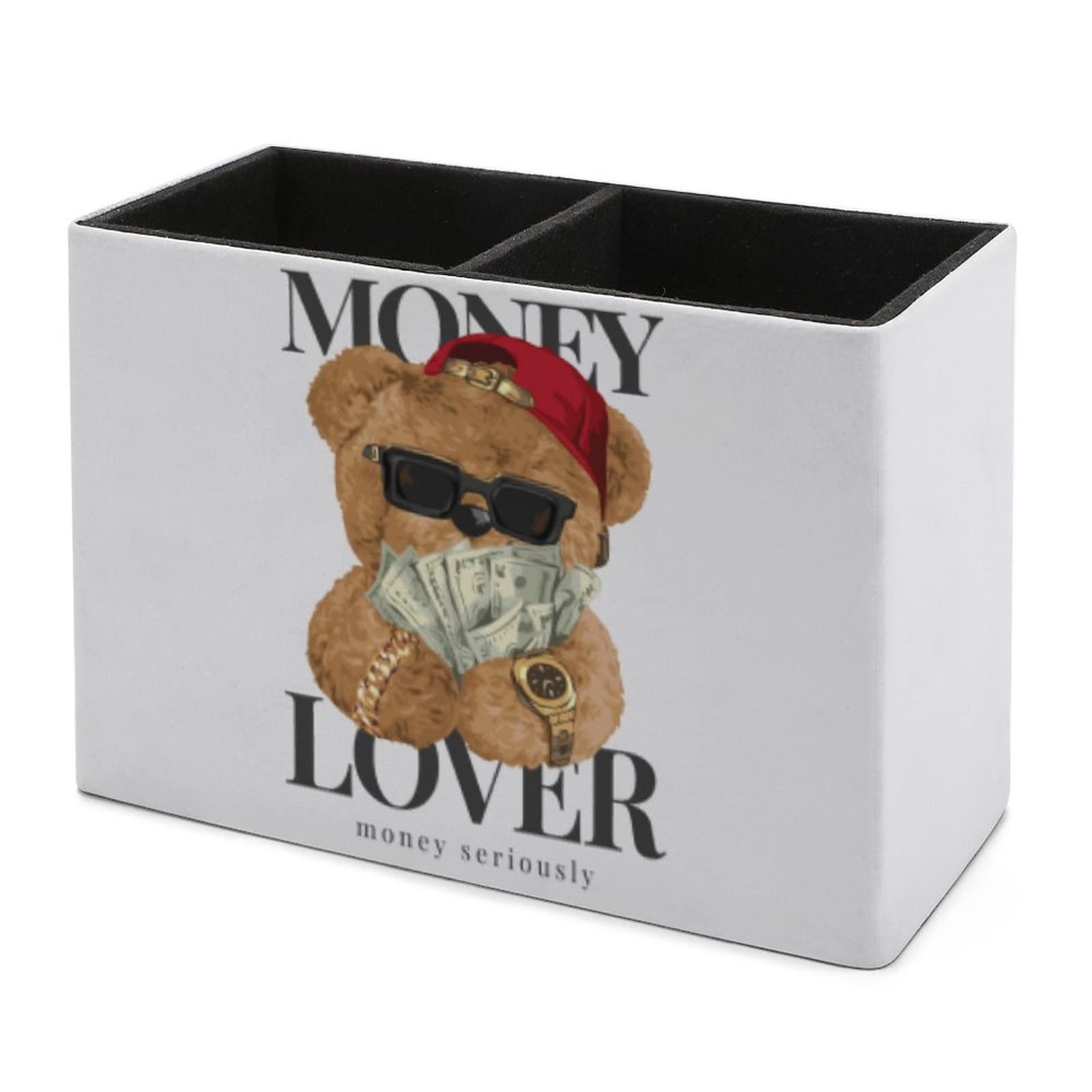Niapessel Pencil Holder for Desk, Money Lover Slogan with Bear Pen Holder Storage Desktop Pen Organizer Desk Pencil Organizer Makeup Brush Holder for Office School College Leather