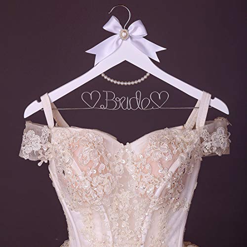 HUIDIAN White Solid Wood Bridal Dress Hanger with Bridal Wire Lettering for Bridal Wedding Party Gift (White Hanger Silver Thread and Pearl Chain)