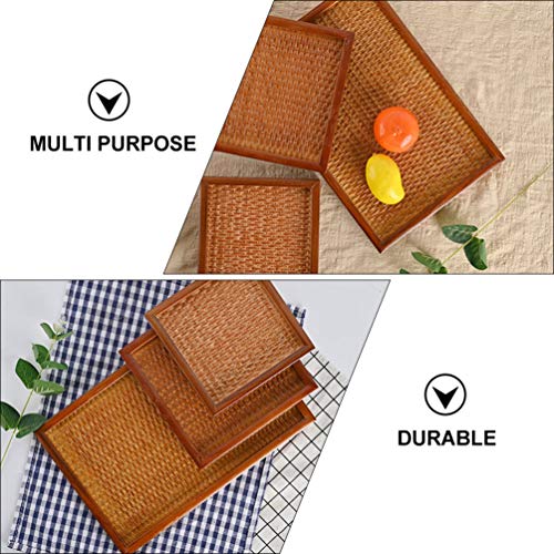 Cabilock Rustic Wooden Serving Trays Rattan Handwoven Rectangular Utensils Food Tea SPA Salon Tray Sundries Storage Organizer Farmhouse Decoration for Home Restaurant Brown 30x20cm