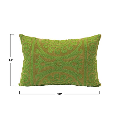 Creative Co-Op Cotton Velvet Lumbar Embroidery, Green Pillow