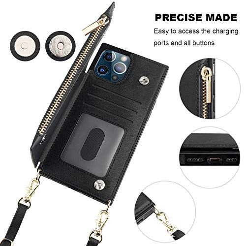 Bocasal Crossbody Wallet Case for iPhone 12 Pro Max with Card Holder,Zipper Card Slot Protector Shockproof Purse Cover with Removable Cross Body Strap 6.7 Inch(Black)