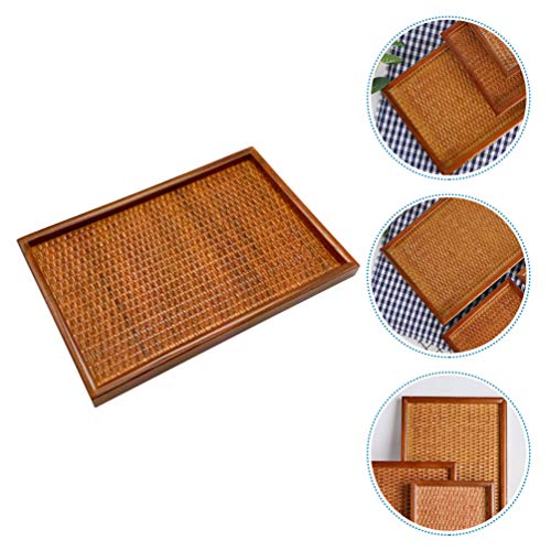 Cabilock Rustic Wooden Serving Trays Rattan Handwoven Rectangular Utensils Food Tea SPA Salon Tray Sundries Storage Organizer Farmhouse Decoration for Home Restaurant Brown 30x20cm