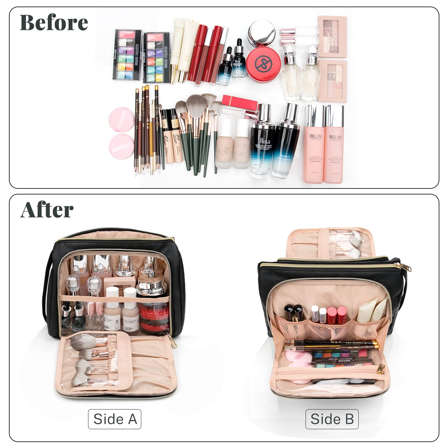 CUBETASTIC Travel Makeup Bag - Large Makeup Pouch Waterproof & Portable Cosmetic Organizer Bag PU Leather Zipper Pouches for Women and Girls
