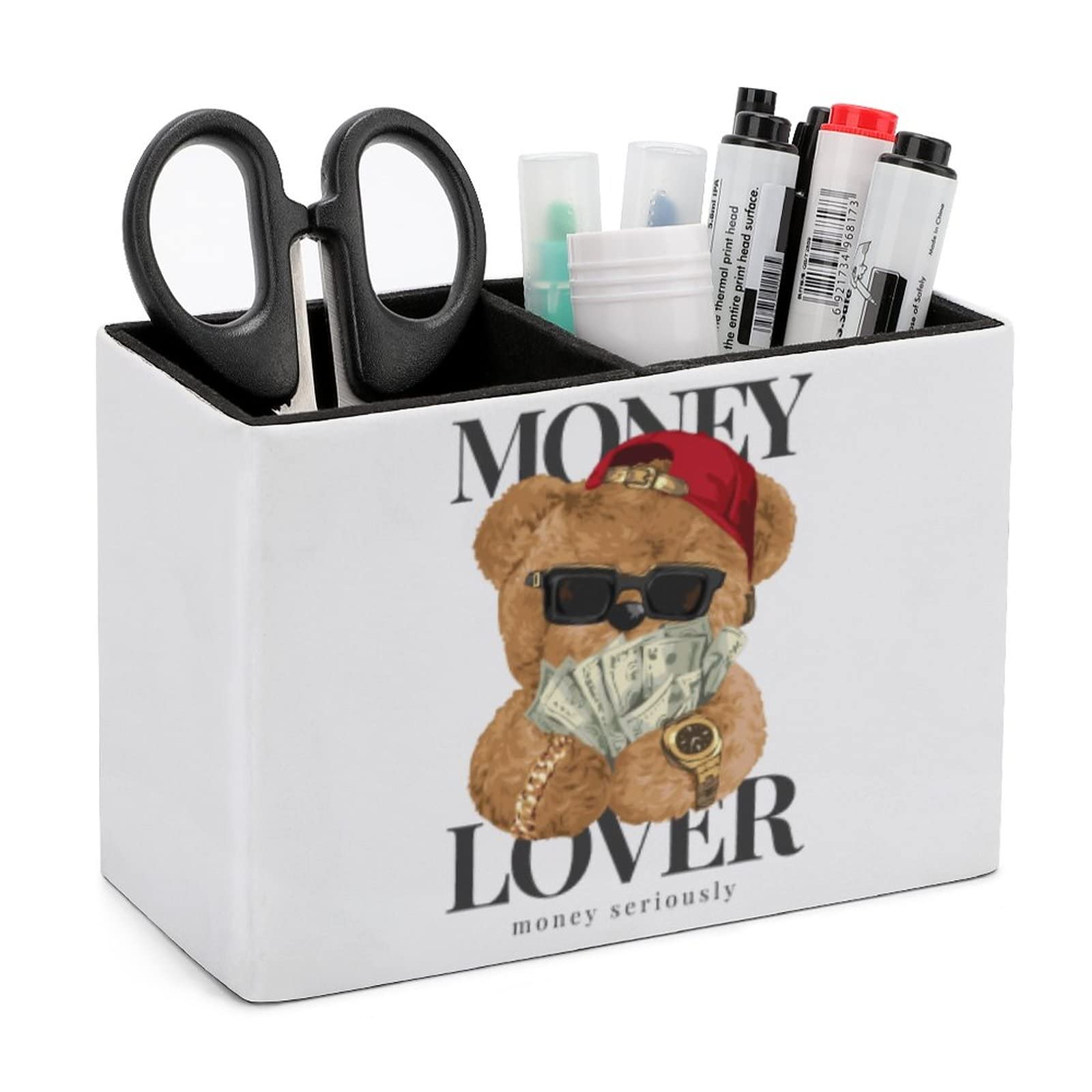 Niapessel Pencil Holder for Desk, Money Lover Slogan with Bear Pen Holder Storage Desktop Pen Organizer Desk Pencil Organizer Makeup Brush Holder for Office School College Leather