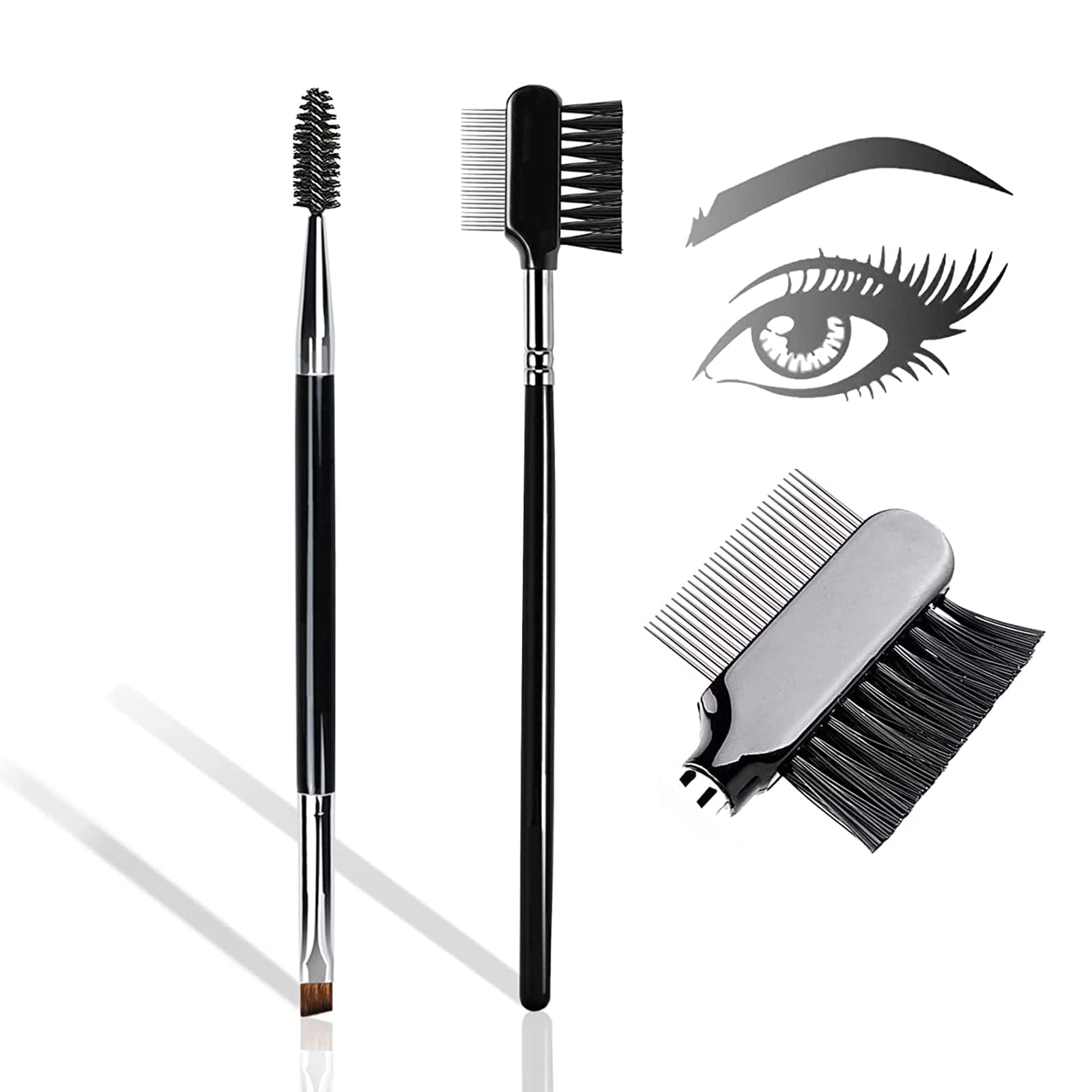 BLEGGEIT Pro Eyebrow Brush and Comb, Metal Eyelash Brush and Eyelash Comb Separator, Steel Brow Brush and Eyebrow Comb Set, Spoolie Brush and Angled Brow Brush, Precision Application, Defining and Shape (2 PCS)
