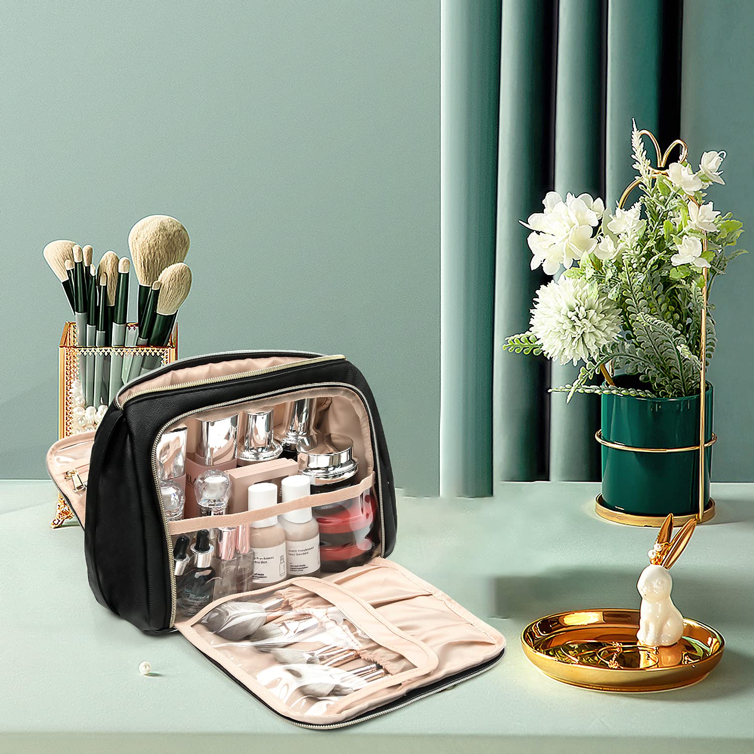 CUBETASTIC Travel Makeup Bag - Large Makeup Pouch Waterproof & Portable Cosmetic Organizer Bag PU Leather Zipper Pouches for Women and Girls