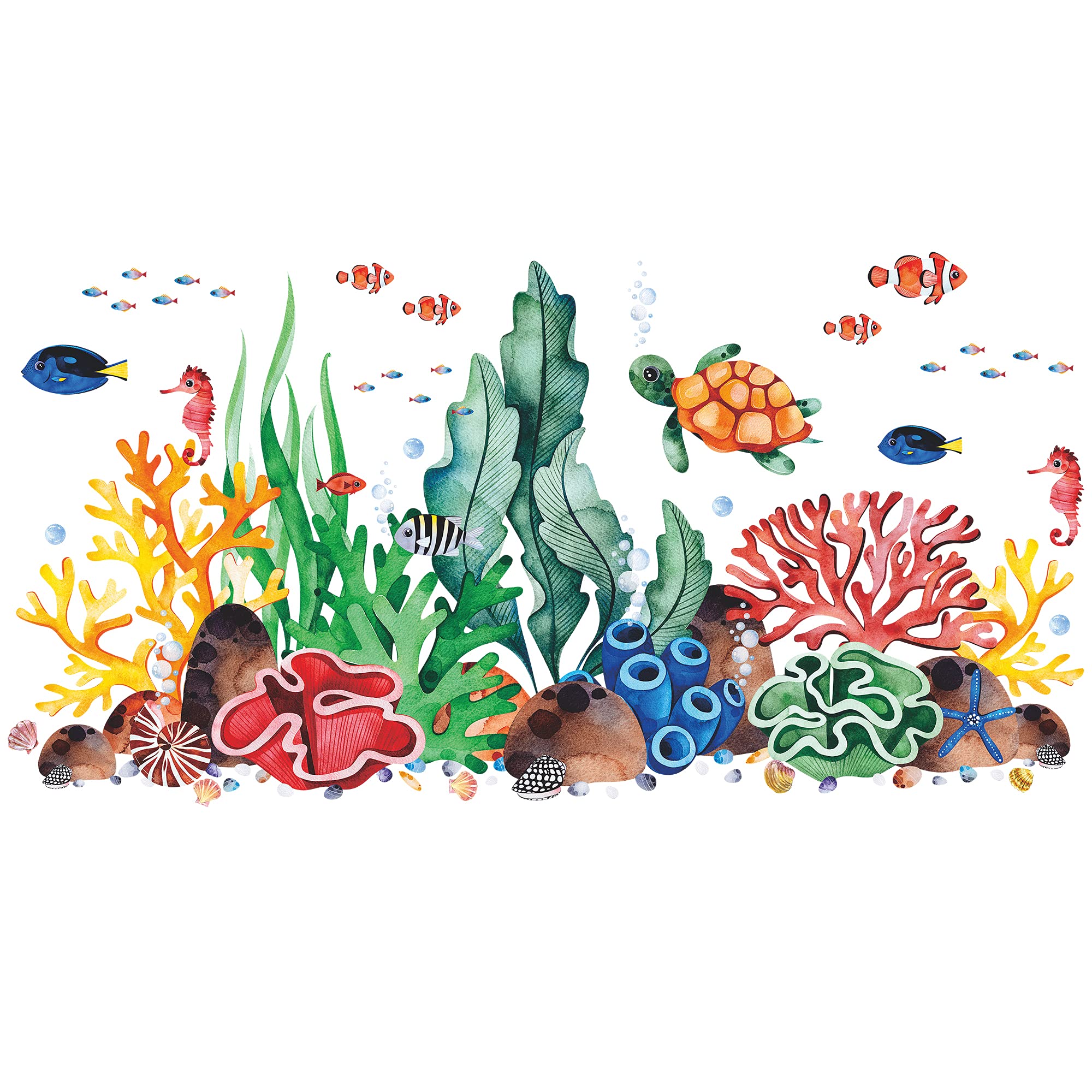 Creative Removable 3D Under The Sea Wall Sticker Ocean Life Coral Grass Wall Decal Peel and Stick Fish Sea Turtle Whale Wall Decor for Kids Bedroom Bathroom Nursery Living Room Wall Corner Decoration