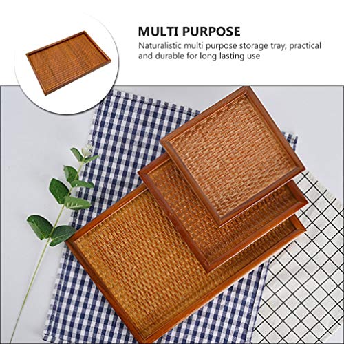 Cabilock Rustic Wooden Serving Trays Rattan Handwoven Rectangular Utensils Food Tea SPA Salon Tray Sundries Storage Organizer Farmhouse Decoration for Home Restaurant Brown 30x20cm