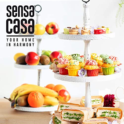 SensaCasa Farmhouse Tiered Tray – 3 Tier Tray – Rustic White Three Tier Tray - Wooden Farmhouse Kitchen Decor – 3 Tier Serving Trays – Wood Round Tiered Stand